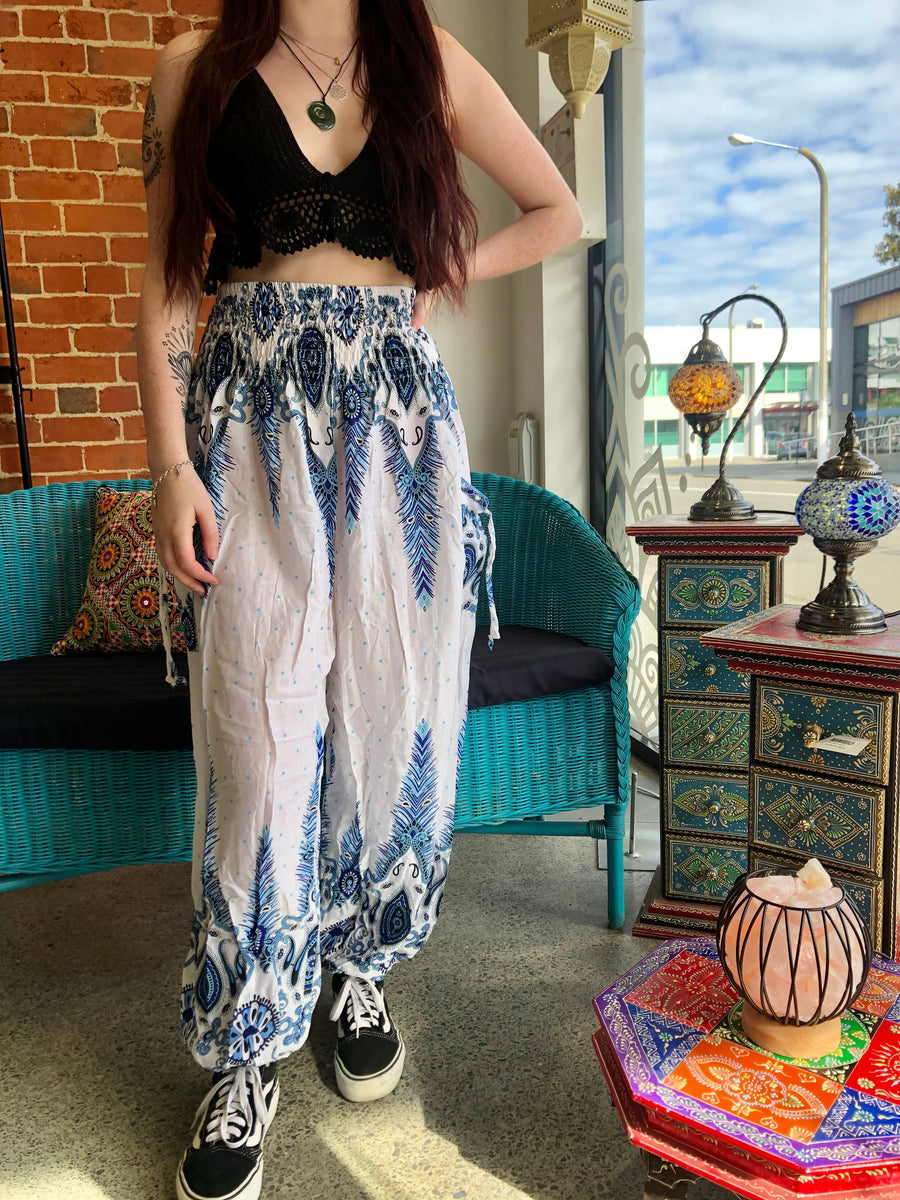 Alibaba Pants - White and Blue Paisley – Hipsta NZ